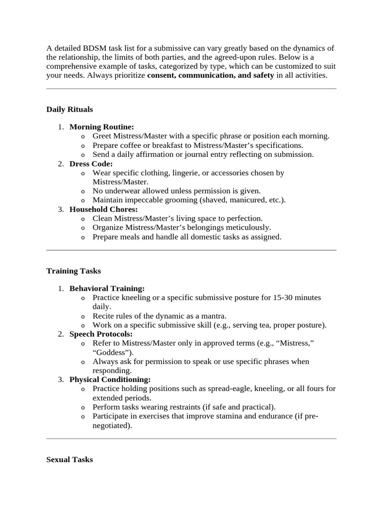A Detailed BDSM Task List For A Submissive Can Vary Greatly Based On The Dynamics of The ...
