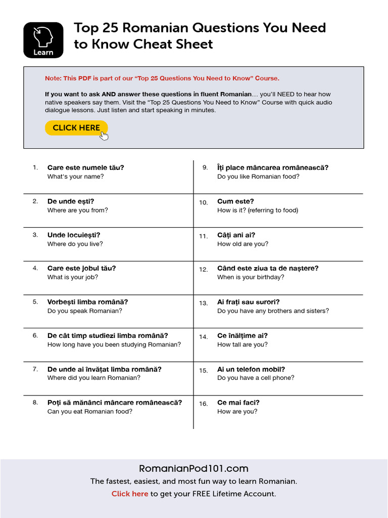 Top 25 Romanian Questions Cheat Sheet | PDF | Romania