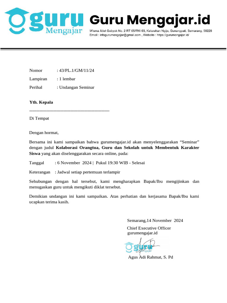 Surat Undangan Seri 43 - Seminar Kolaborasi Orangtua, Guru Dan Sekolah ...