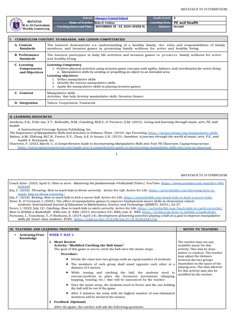 DLL Matatag - Pe & Health 4 Q2 Week7-8 | PDF | Physical Education | Teachers