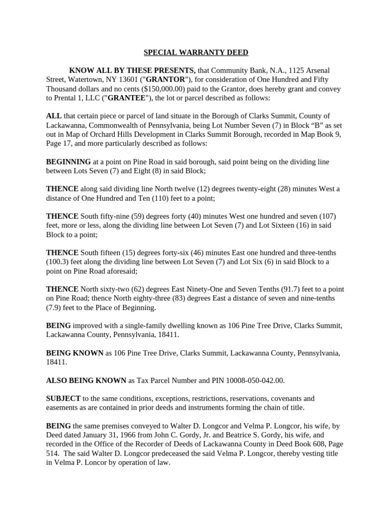 Deed For Sale of Longcor 106 Pine Tree Drive Property To Prental 1 LLC ...