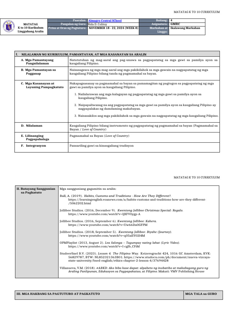 DLL Matatag - GMRC 4 Q2W8 | PDF