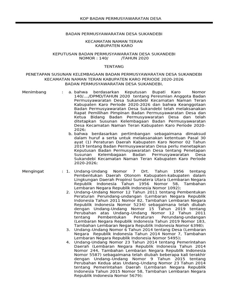 SK BPD Pengesahan Struktur Kepengurusan Oleh Camat | PDF