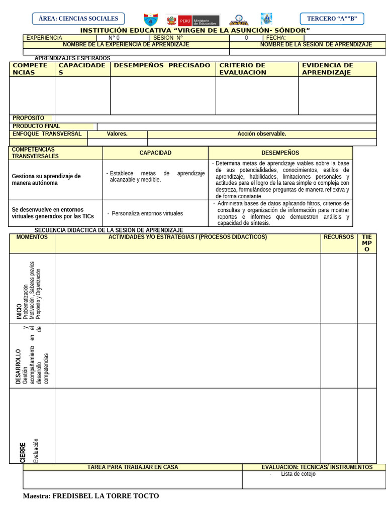 Esquema de Sesion de Aprendizaje | PDF | Aprendizaje | Evaluación