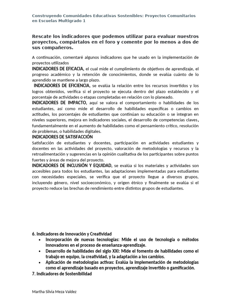 Indicadores para Evaluar Proyectos | PDF | Enseñando | Aprendizaje