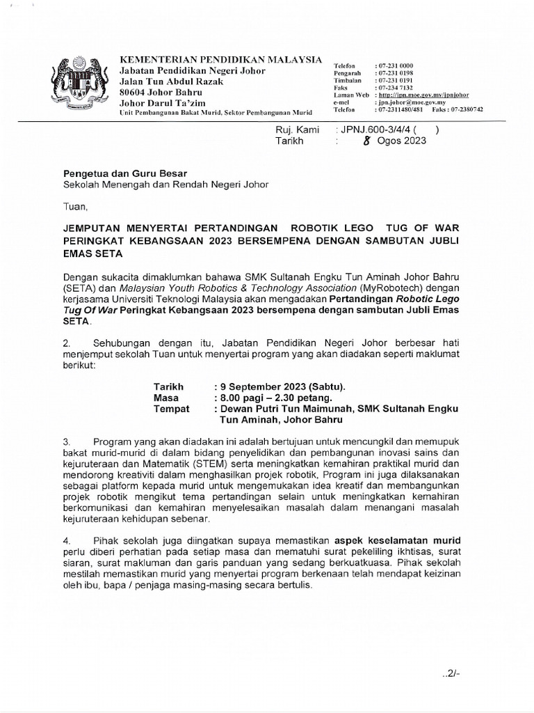 Jemputan Menyertai Pertandingan Robotik Lego Tug of War 2023 | PDF