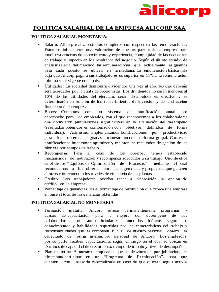 Politica Salarial de La Empresa Alicorp Saa | PDF | Salario | Business