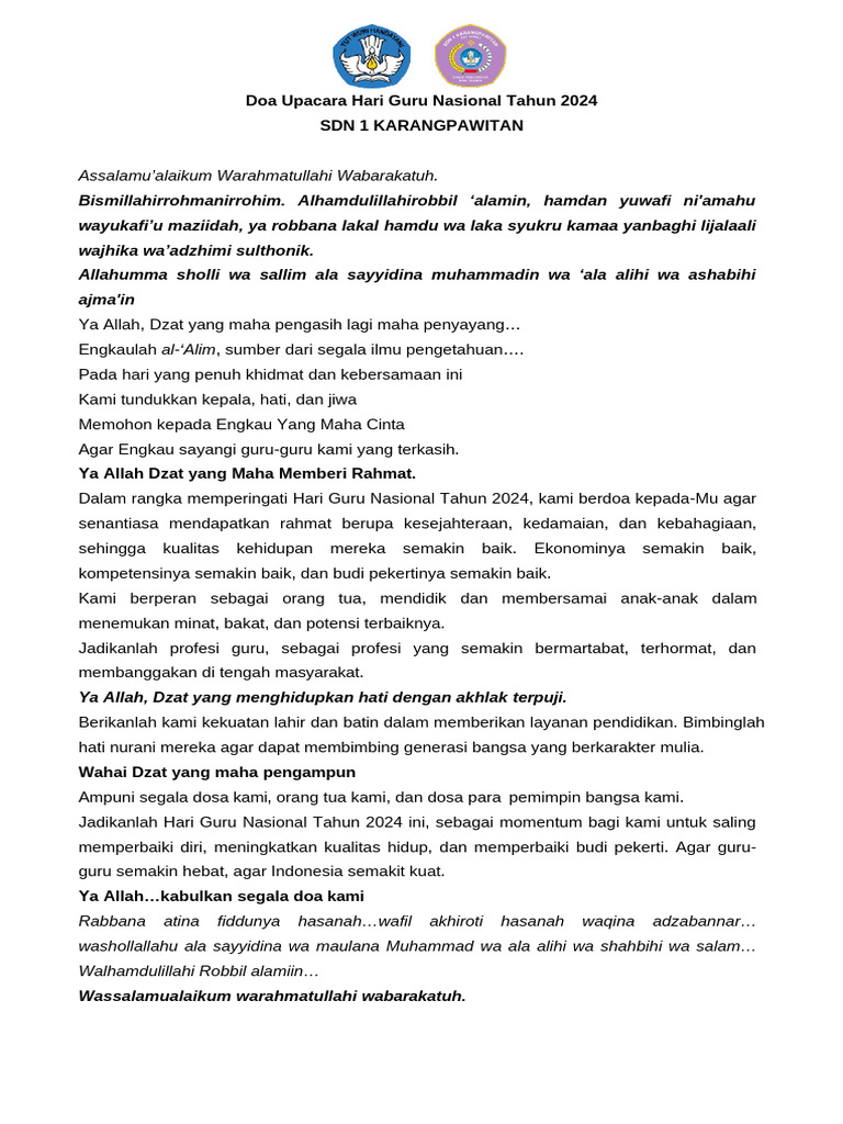 Doa Upacara Hari Guru Nasional 2024 | PDF