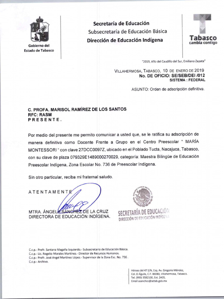 Orden de Adscripcion Marisol 2019 | PDF