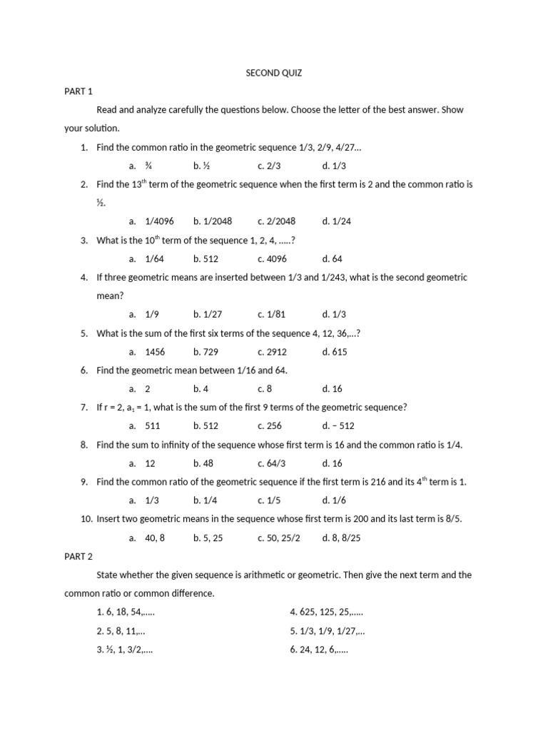 Geometric Sequence Quiz Questions | PDF