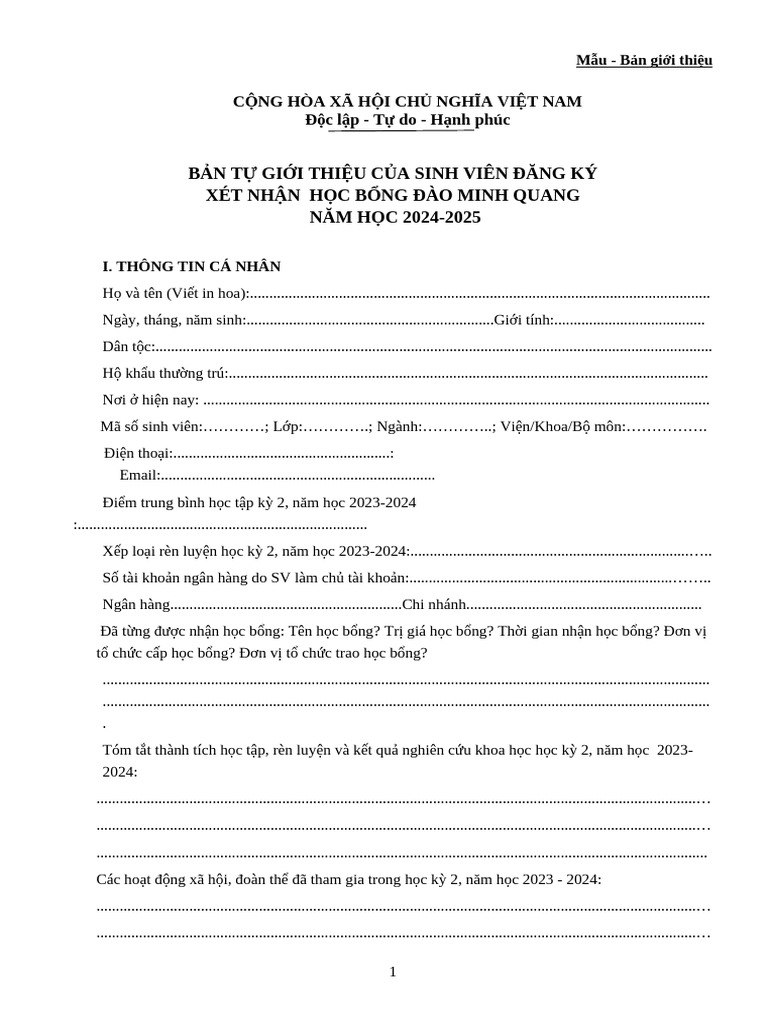 2024 - Mau Gioi Thieu Ve SV HB - DMQ | PDF