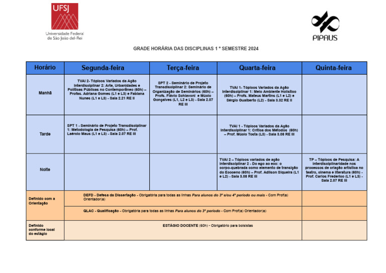 Grade Horaria de 2024 - 1 | PDF | Interdisciplinaridade | Inquérito