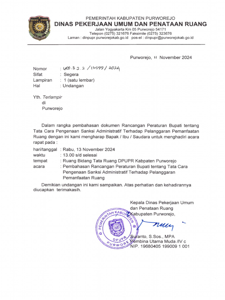 Undangan Rapat Pembahasan Ranperbup - 131124 | PDF