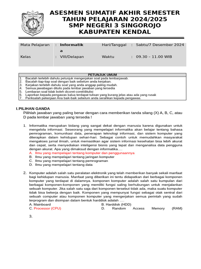 Asesmen Sumatif Akhir Semester Informatika Kelas 8 | PDF
