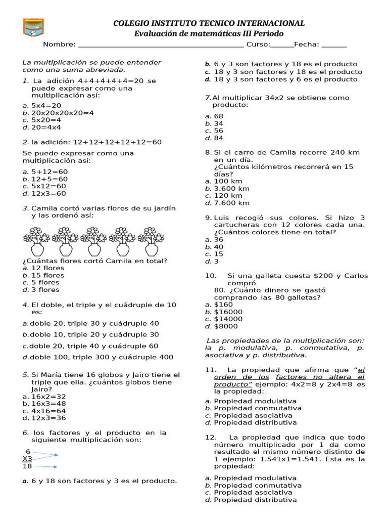 Evaluacion Final de Matematicas | PDF | Multiplicación | Matemáticas