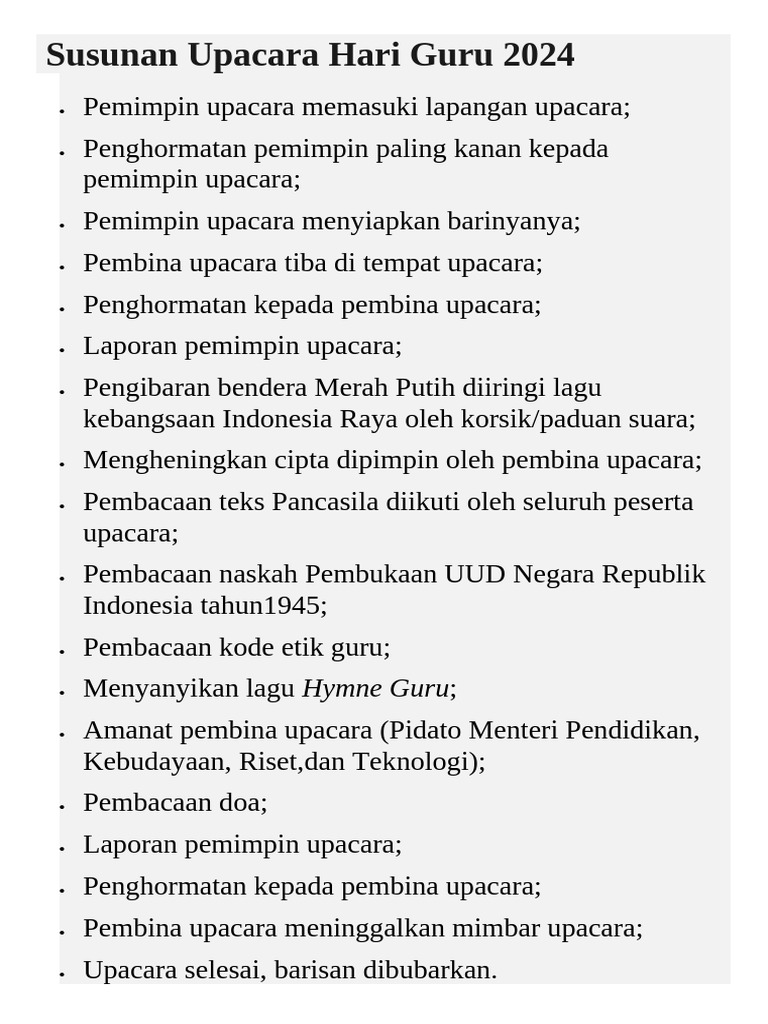 Susunan Upacara Hari Guru 2024 | PDF