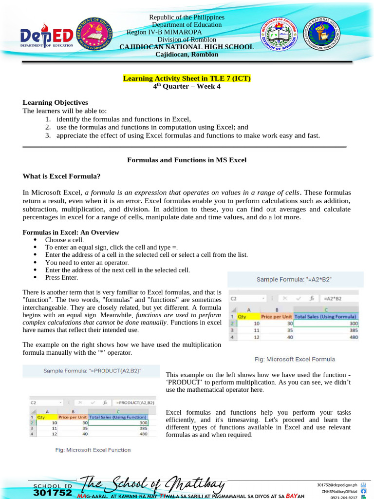 7 ICT Excel Functions 4 | PDF | Microsoft Excel | Formula
