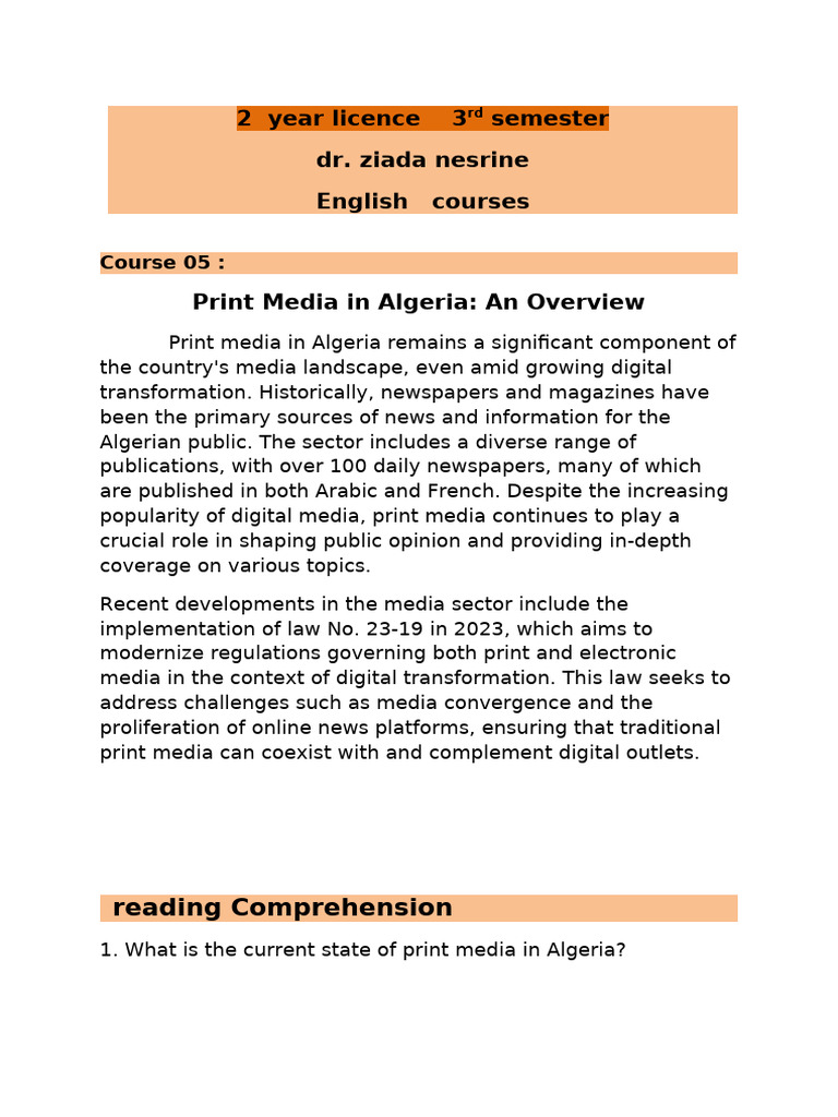 Course 05 Print Media in Algeria An Overview V | PDF