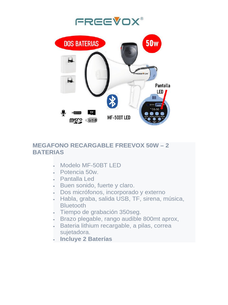 Megafono Recargable Freevox 50W | PDF
