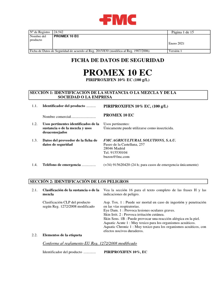 Ficha de Seguridad PROMEX 10 EC | PDF | Agua | Residuos