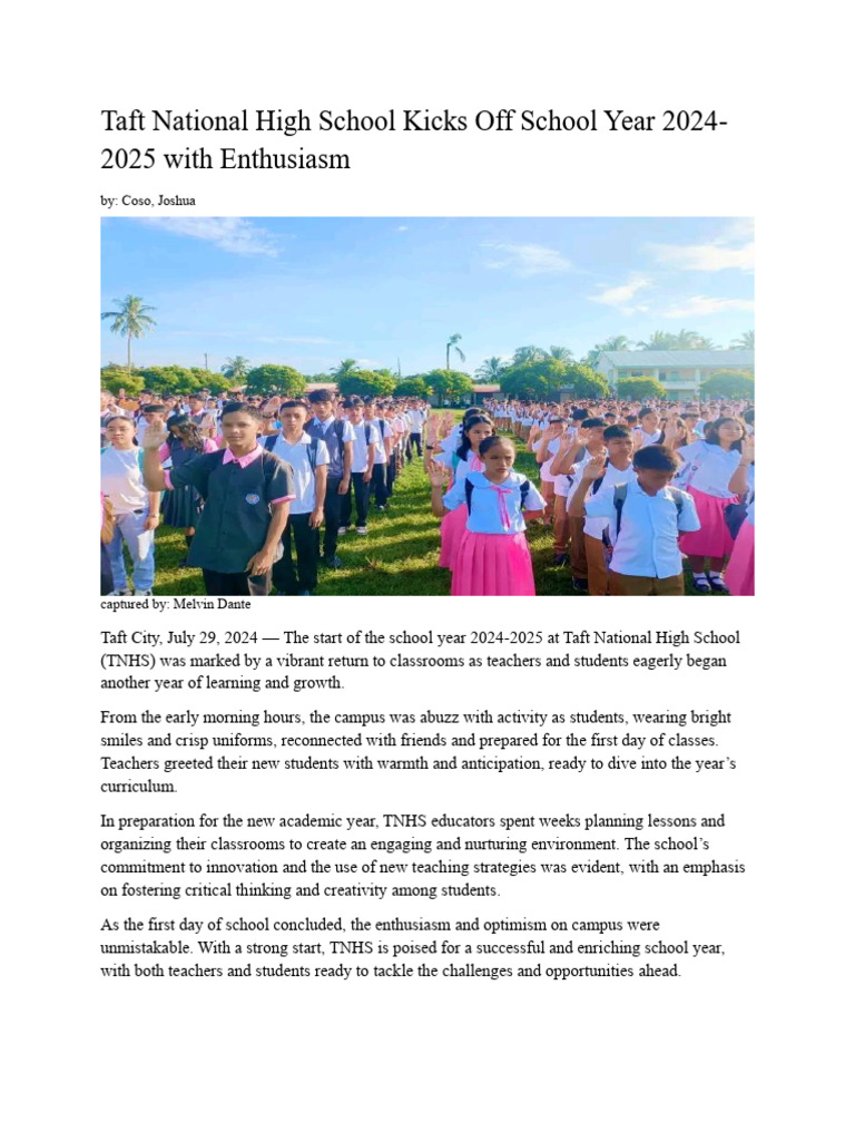 Taft National High School Kicks Off School Year 2024-2025 With Enthusiasm | PDF