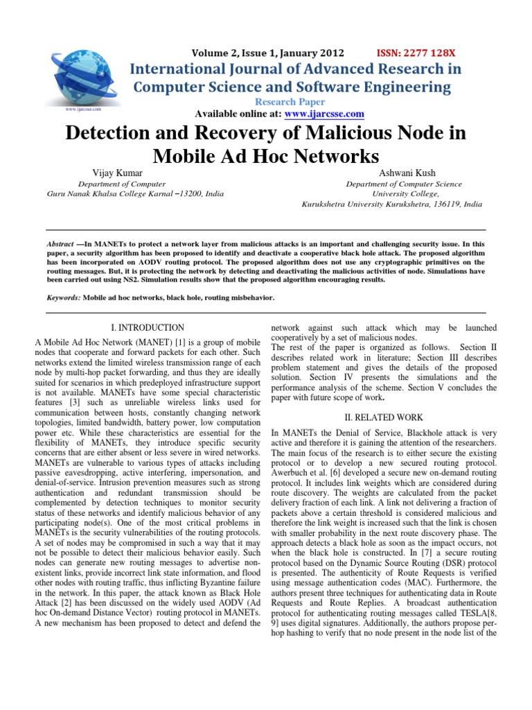 Detection And Recovery Of Malicious Node In Mobile Ad Hoc Networks Pdf Wireless Ad Hoc