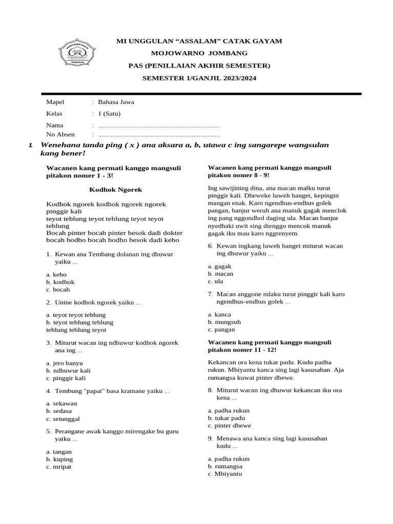 Soal PAS Bahasa Jawa Kelas 1 | PDF