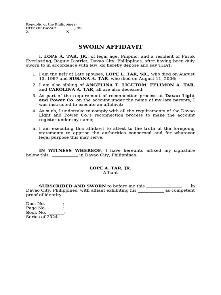 Affidavit Deceased Account Owner DLPC | PDF