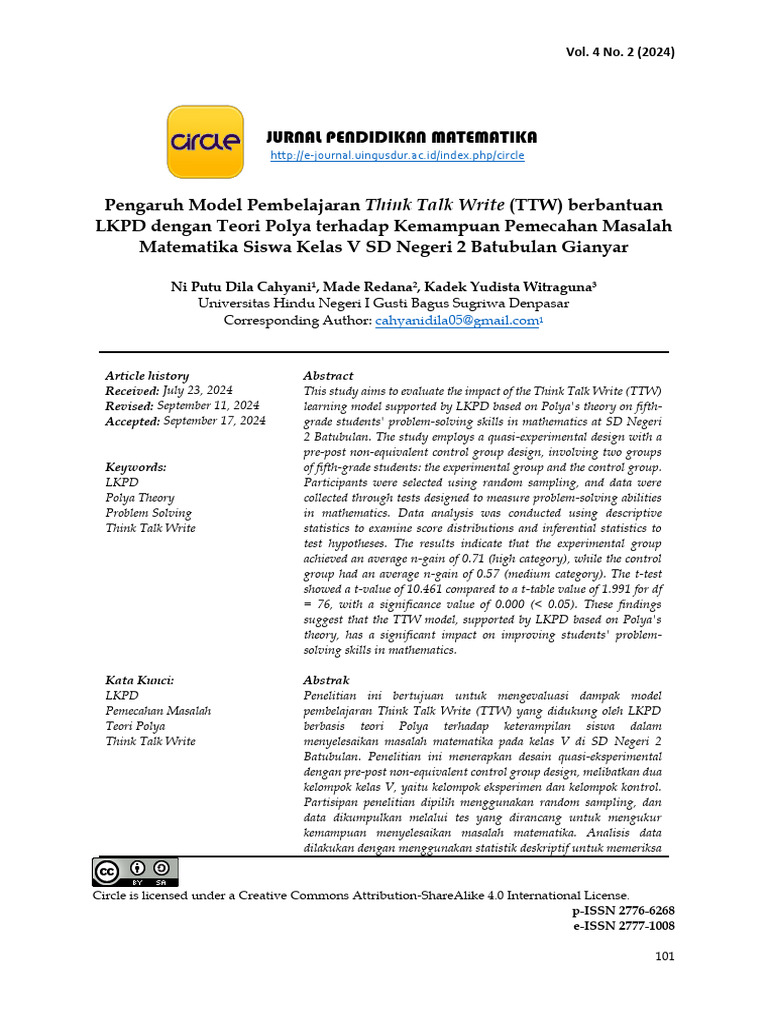 Pengaruh Model Pembelajaran Think Talk Write TTW Berbantuan LKPD Dengan Teori Polya Terhadap ...