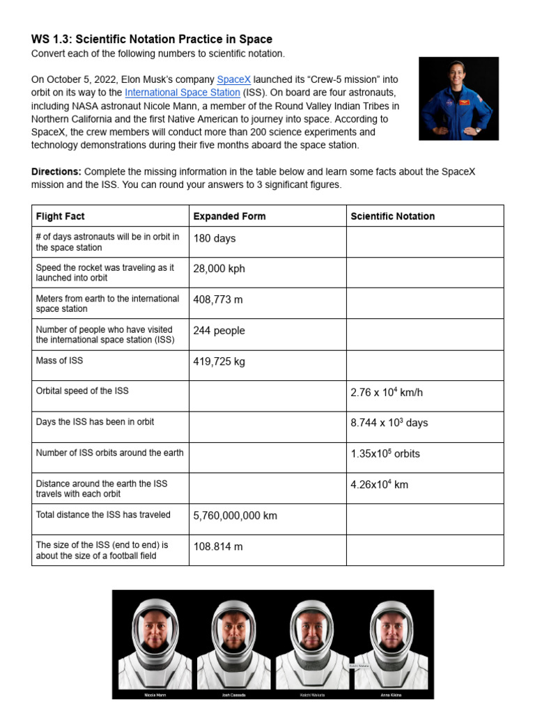 Ws 1.3: Scientific Notation Practice in Space: Spacex International ...