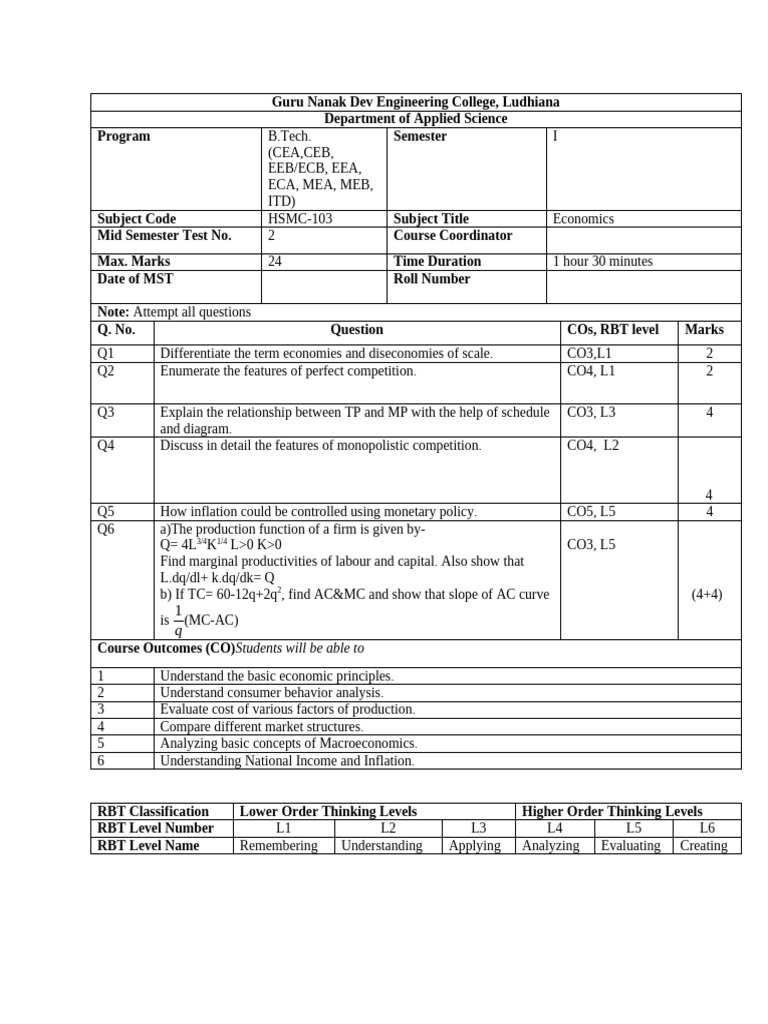 Sample Paper Mst 2 | PDF | Macroeconomics | Economics