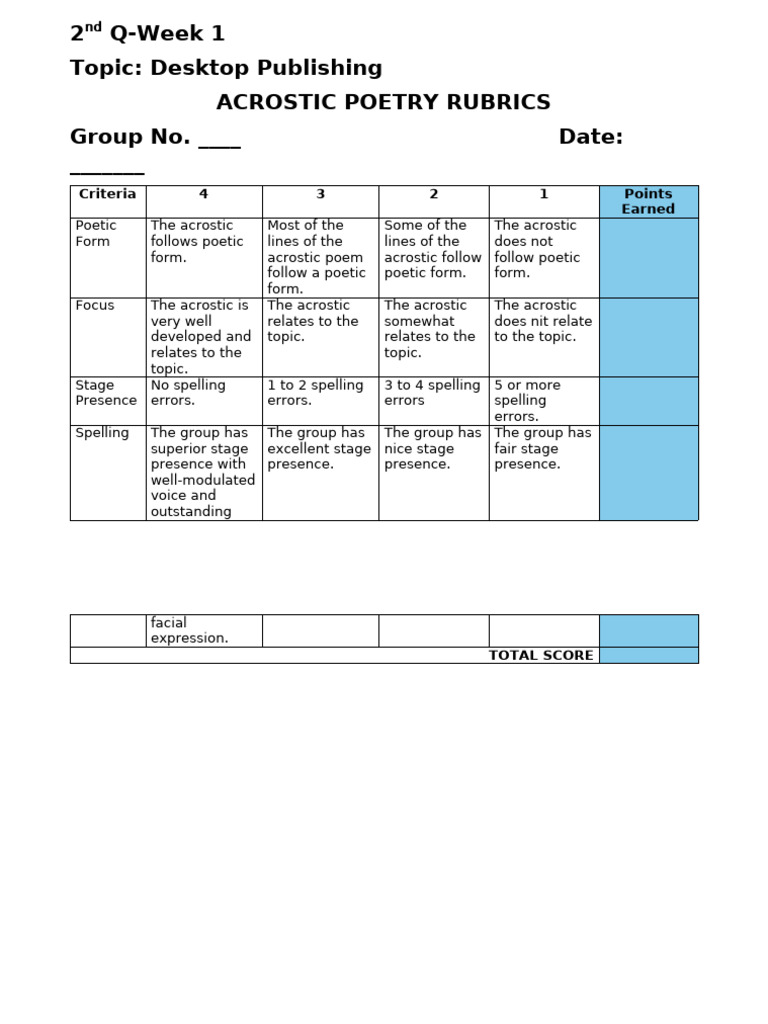 Acrostic Poetry Rubrics | PDF