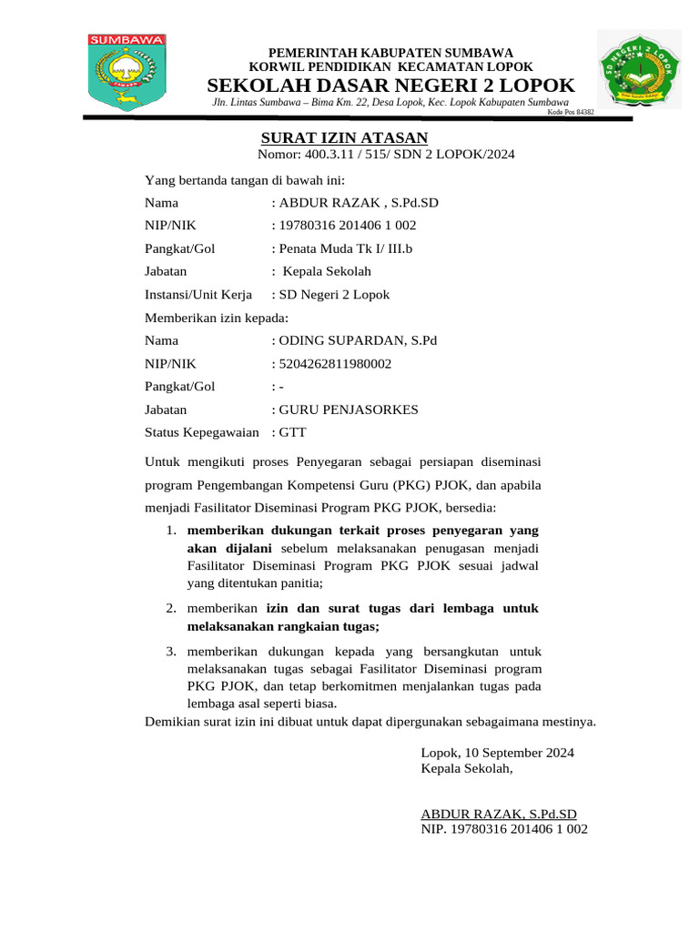 Template Surat Izin Atasan - Peserta Penyegran PKG JOK-2 | PDF
