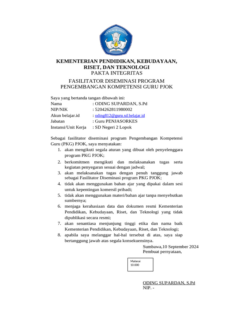 Template Pakta Integritas - Peserta Penyegaran PKG PJOK-2 | PDF