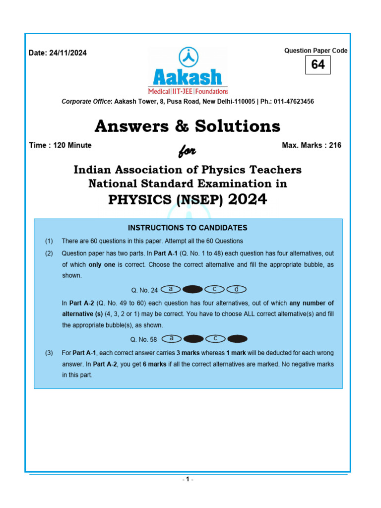 NSEP - 2024 25 - Answers and Solutions | PDF | Electronvolt | Sphere