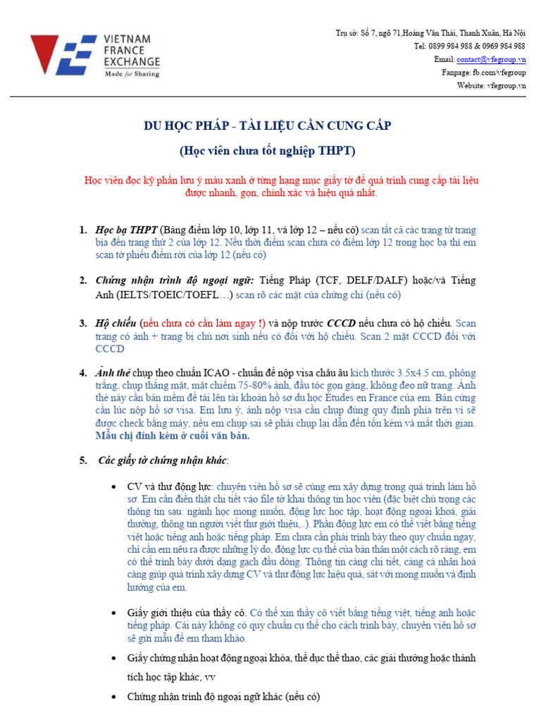File 1 - VFE - Danh Sách Các Giấy Tờ Cần Cung Cấp (Học Viên Chưa Tốt Nghiệp THPT) | PDF
