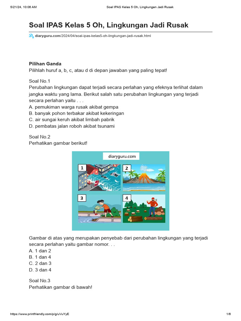 Soal IPAS Kelas 5 Oh, Lingkungan Jadi Rusak | PDF