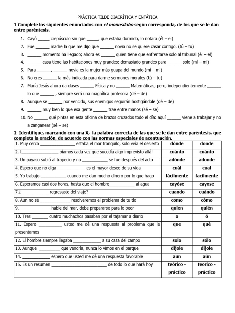 Práctica de Tildes Diacríticas | PDF