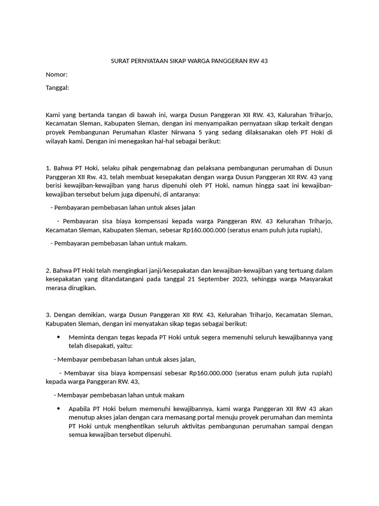 Surat Pernyataan Sikap Warga Panggeran RW 43 | PDF