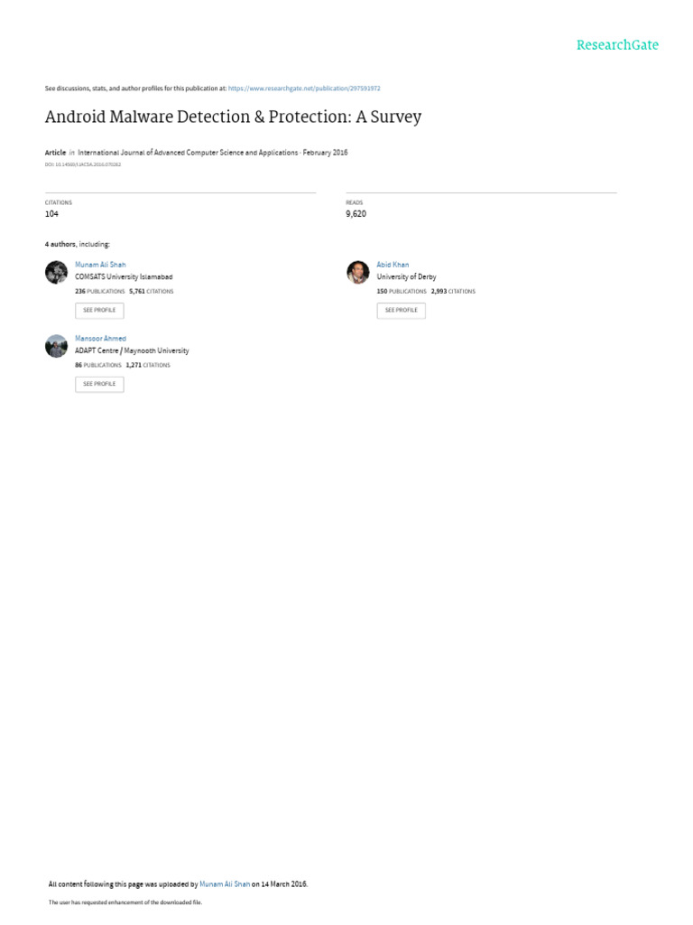 Android Malware Detection Protection A Survey Pdf Malware Android Operating System