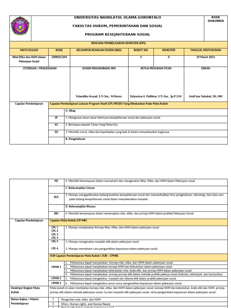 RPS Nilai Etika Dan HAM Dalam Pekerjaan Sosial - Yolandika Arsyad | PDF