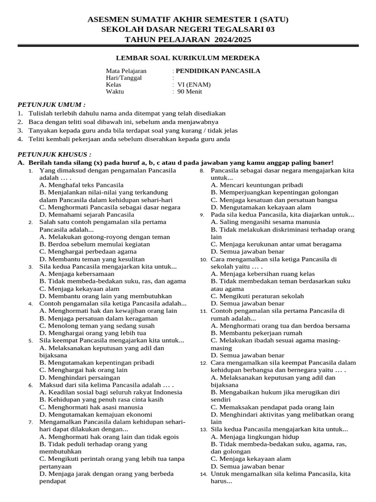 Asesmen Sumatif Akhir Semester 1 Pendidikan Pancasila | PDF