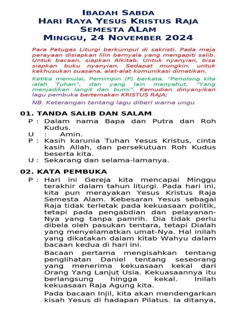 Ibadah Sabda Hari Raya Kristus Raja Semesta Alam 2024 | PDF