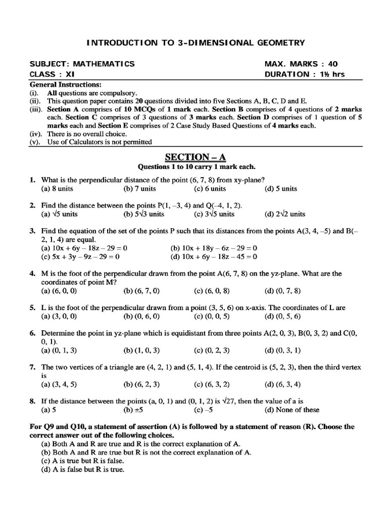 Maths-Class-Xi-Introduction-To-3-Dimensional-Geometry Paper-11-Answers ...