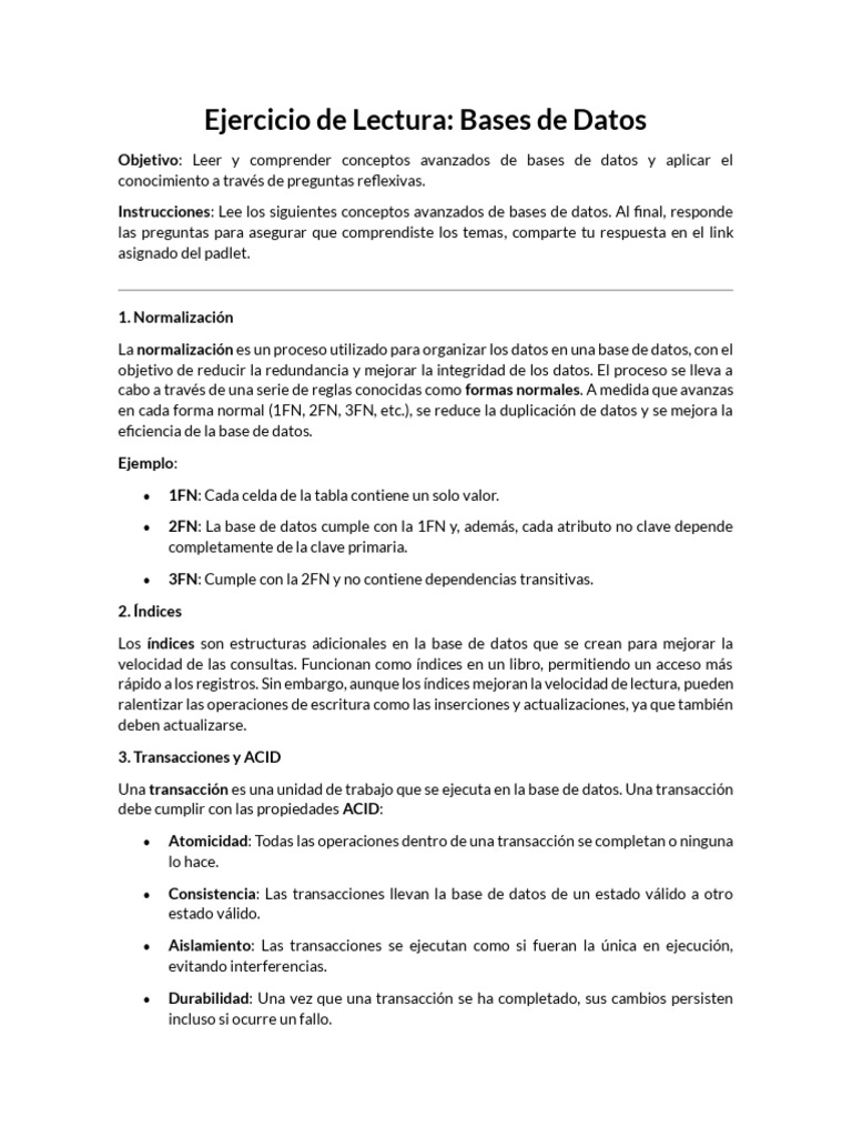 Ejercicio de Lectura | PDF | Bases de datos | SQL