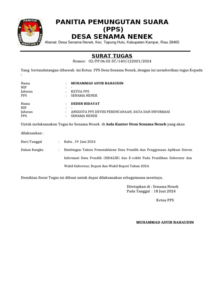 Surat Tugas PPS Bimtek Sidalih | PDF