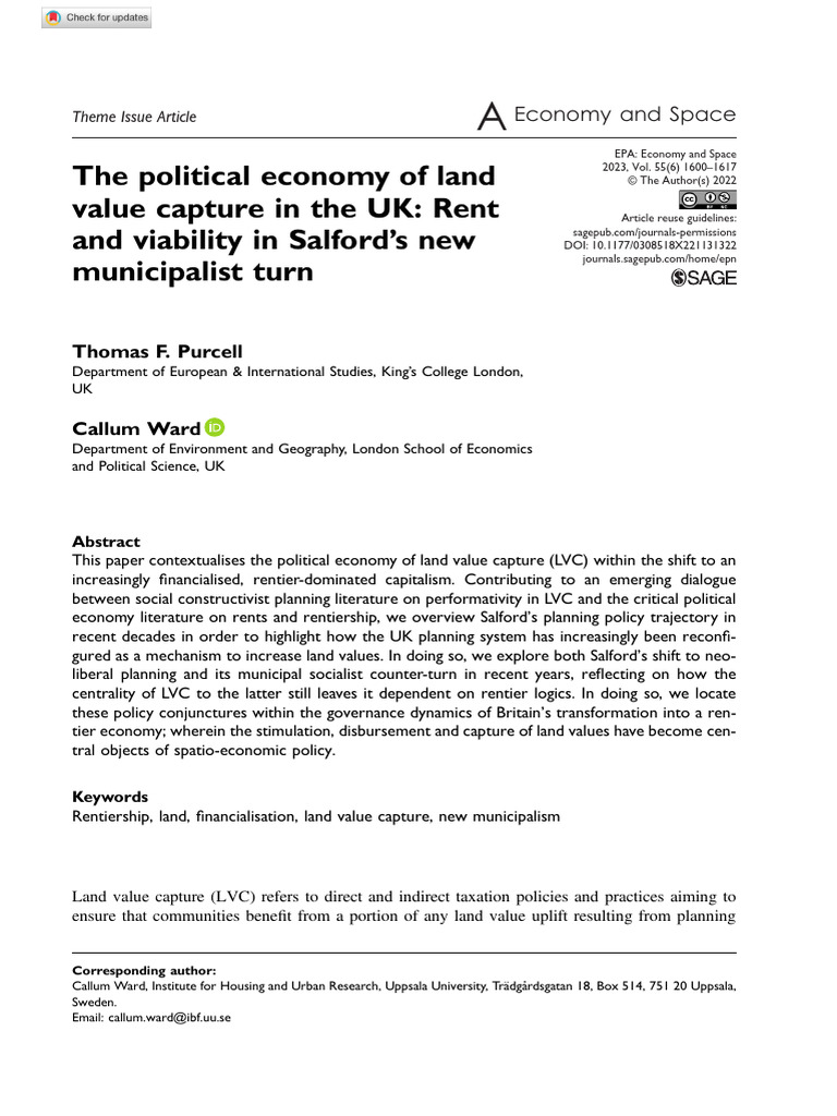Purcell Ward 2022 The Political Economy of Land Value Capture in The Uk ...