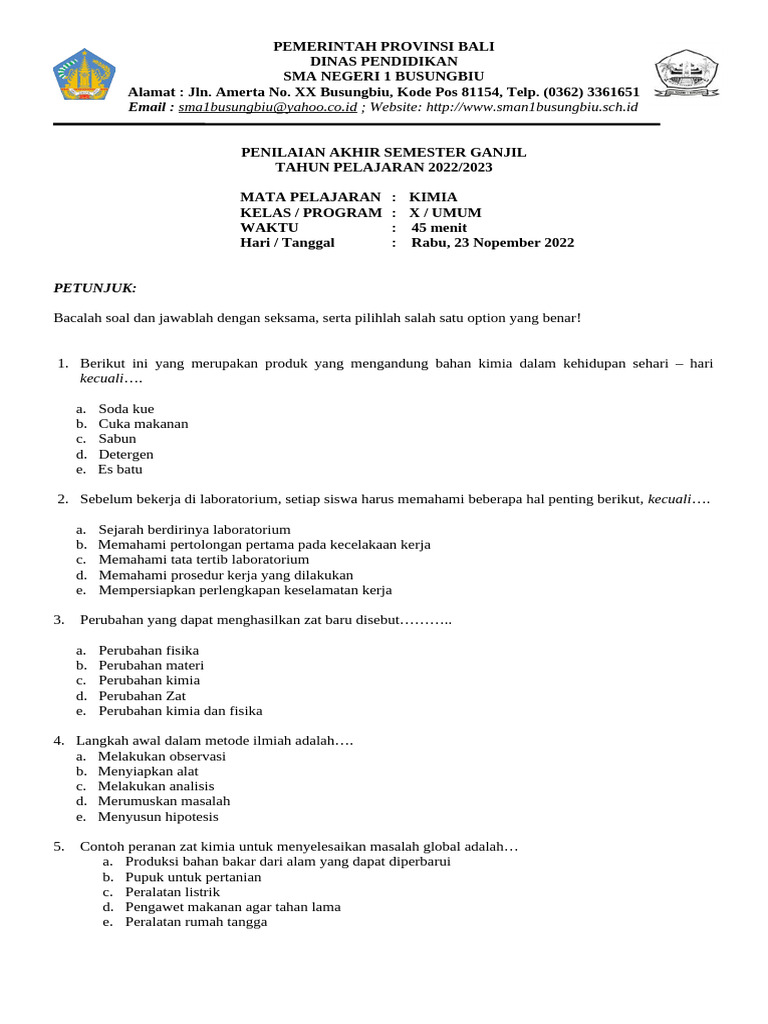 Soal PAS Kimia Kelas X 2022-2023 | PDF