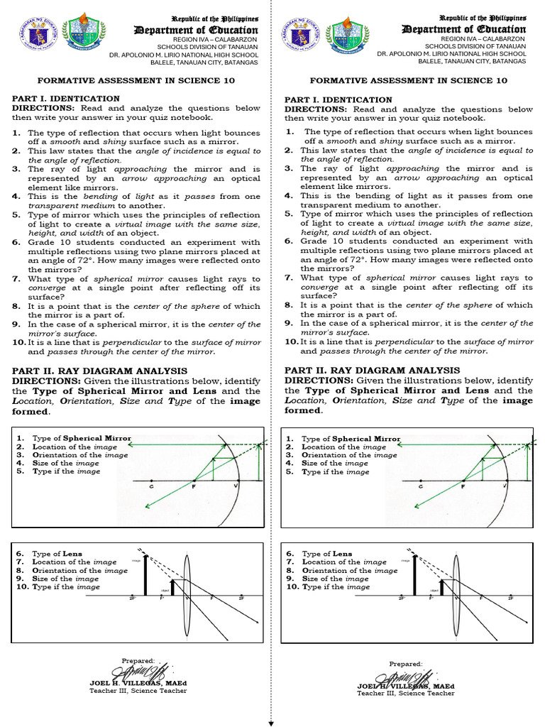 Science 10 Formative Assessment | PDF | Mirror | Reflection (Physics)