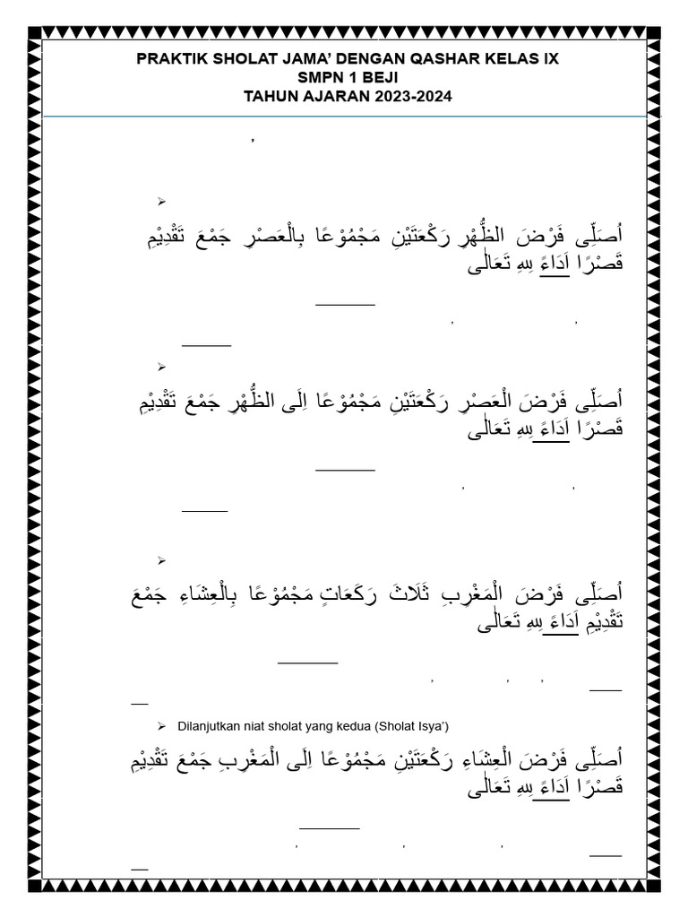 Niat Sholat Jama' Qashar Kelas IX SMPN 1 | PDF